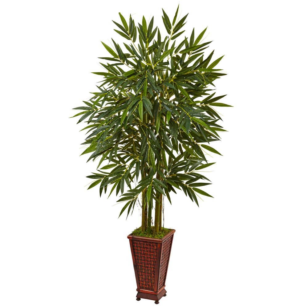 Nearly Natural Indoor Bamboo Artificial Tree in Decorative Wood Planter ...