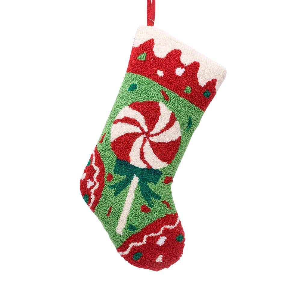 Glitzhome 19 in. Polyester/Acrylic Hooked Christmas Stocking with Candy ...
