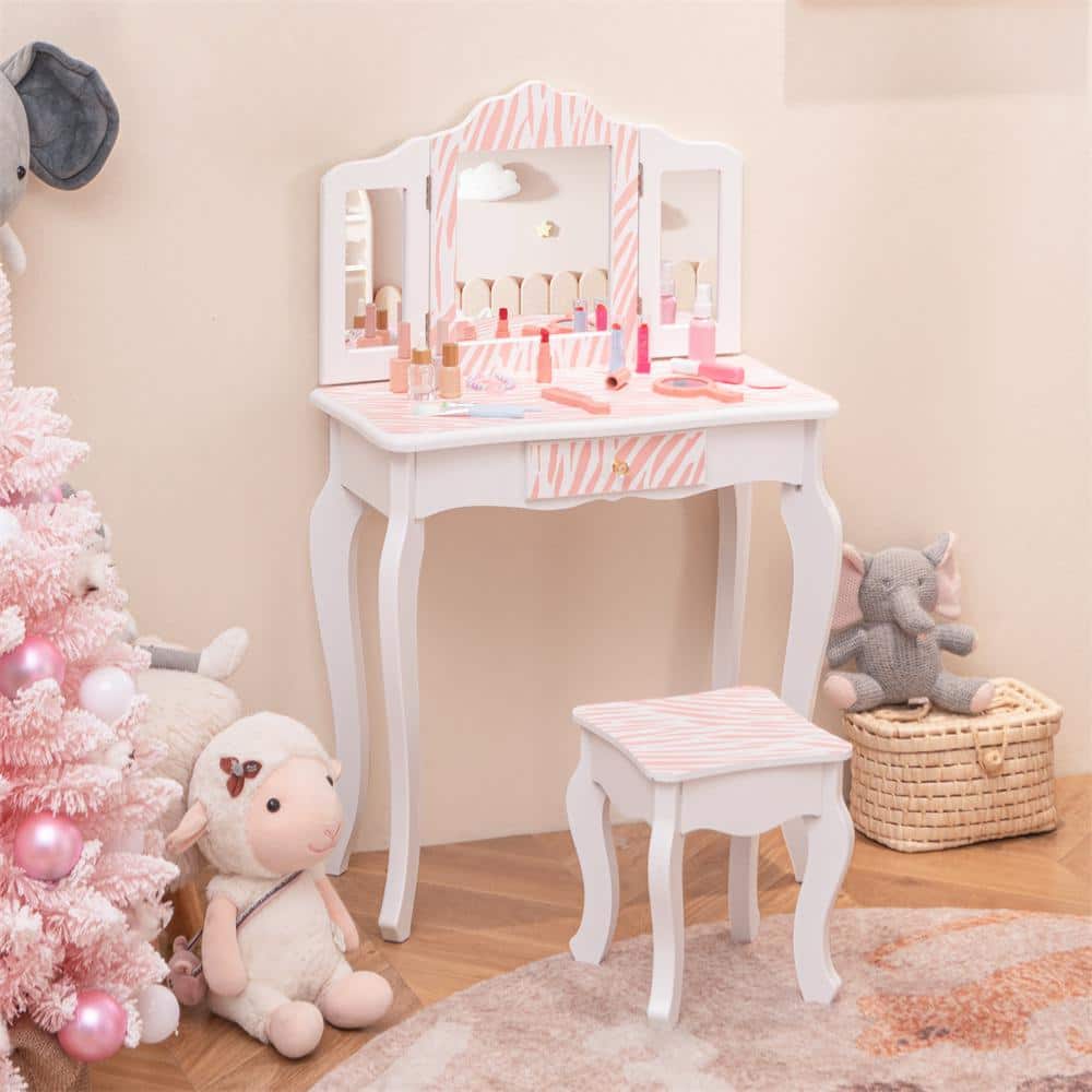 HONEY JOY 2-Piece Wood Top Pink Kids Vanity Table and Chair Set ...