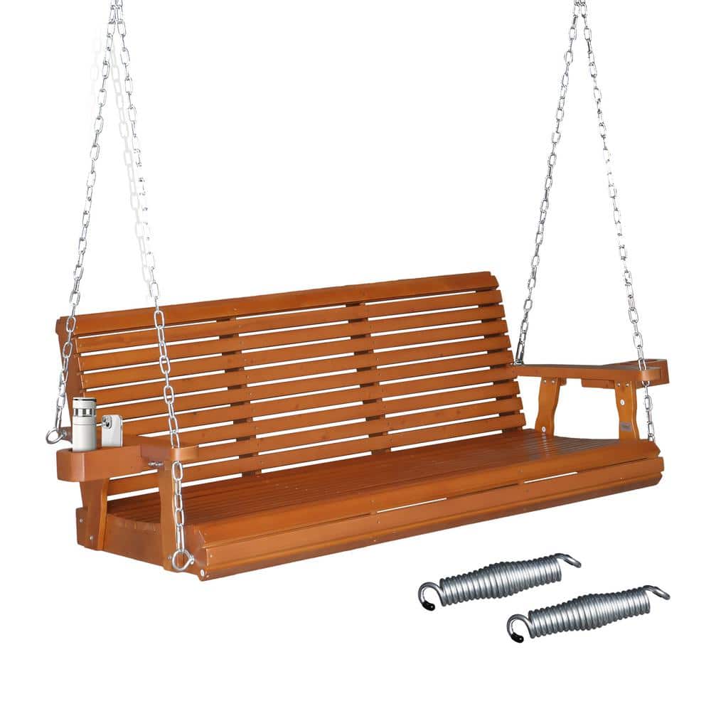 Karl home 2-Person Brown Wood Porch Swing with Phone Slots and Cup ...
