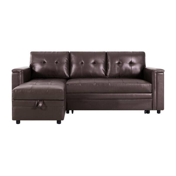HOMESTOCK 54 in. Reversible Sleeper Faux Leather Rolled Arm Sectional ...