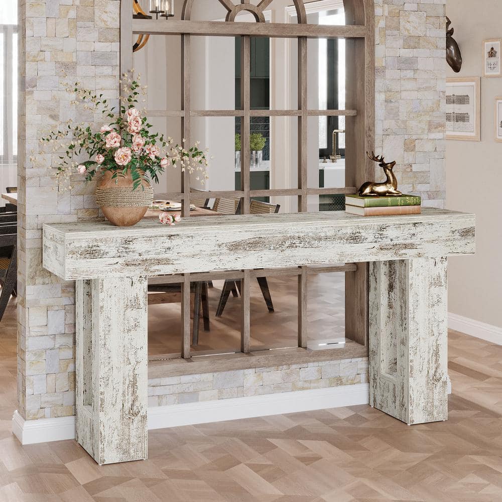 BYBLIGHT Turrella 63 in. W Distressed White Wood Console Table ...