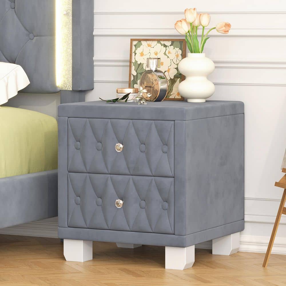 Harper & Bright Designs Gray Elegant 2-Drawer Velvet Button-Tufted ...