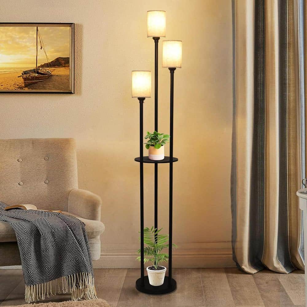 Lasaideal 66 in. Black 3-Light Column Floor Lamp with Linen Drum Shade ...