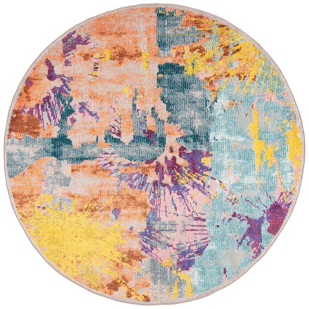 SAFAVIEH Madison Blue/Orange 7 ft. x 7 ft. Geometric Abstract Round ...