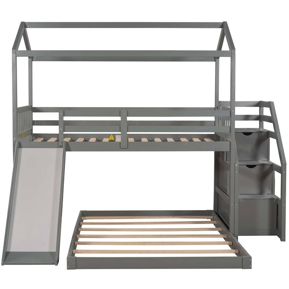 Angel Sar Gray Wood Twin Over Full House Bunk Bed with Convertible ...