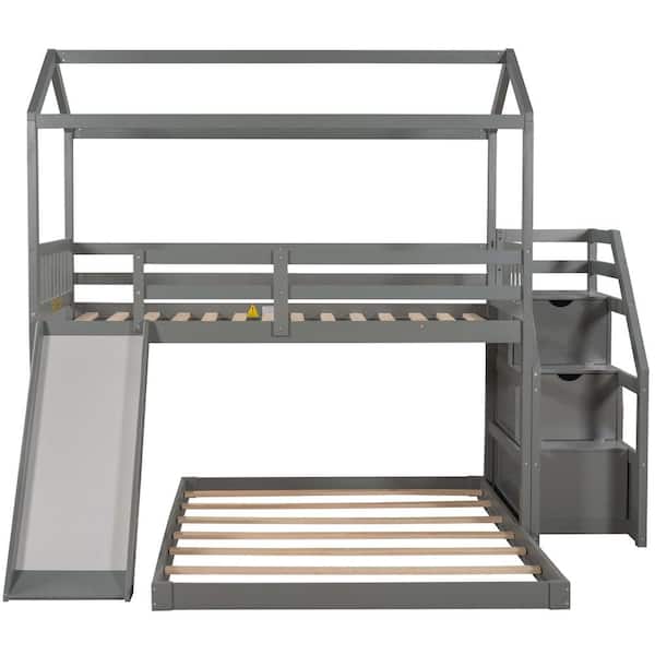 Angel Sar Gray Wood Twin Over Full House Bunk Bed with Convertible ...