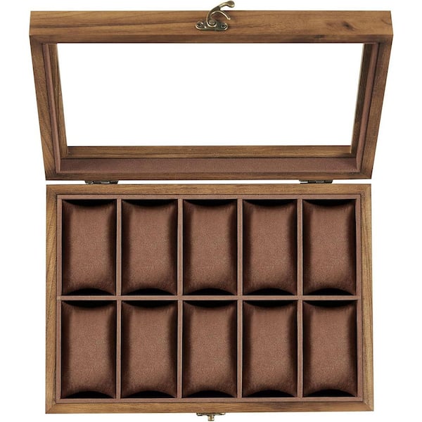 Rustic Walnut Rectangle Paulownia Wood 10-Slot Watch Box with Glass Lid ...