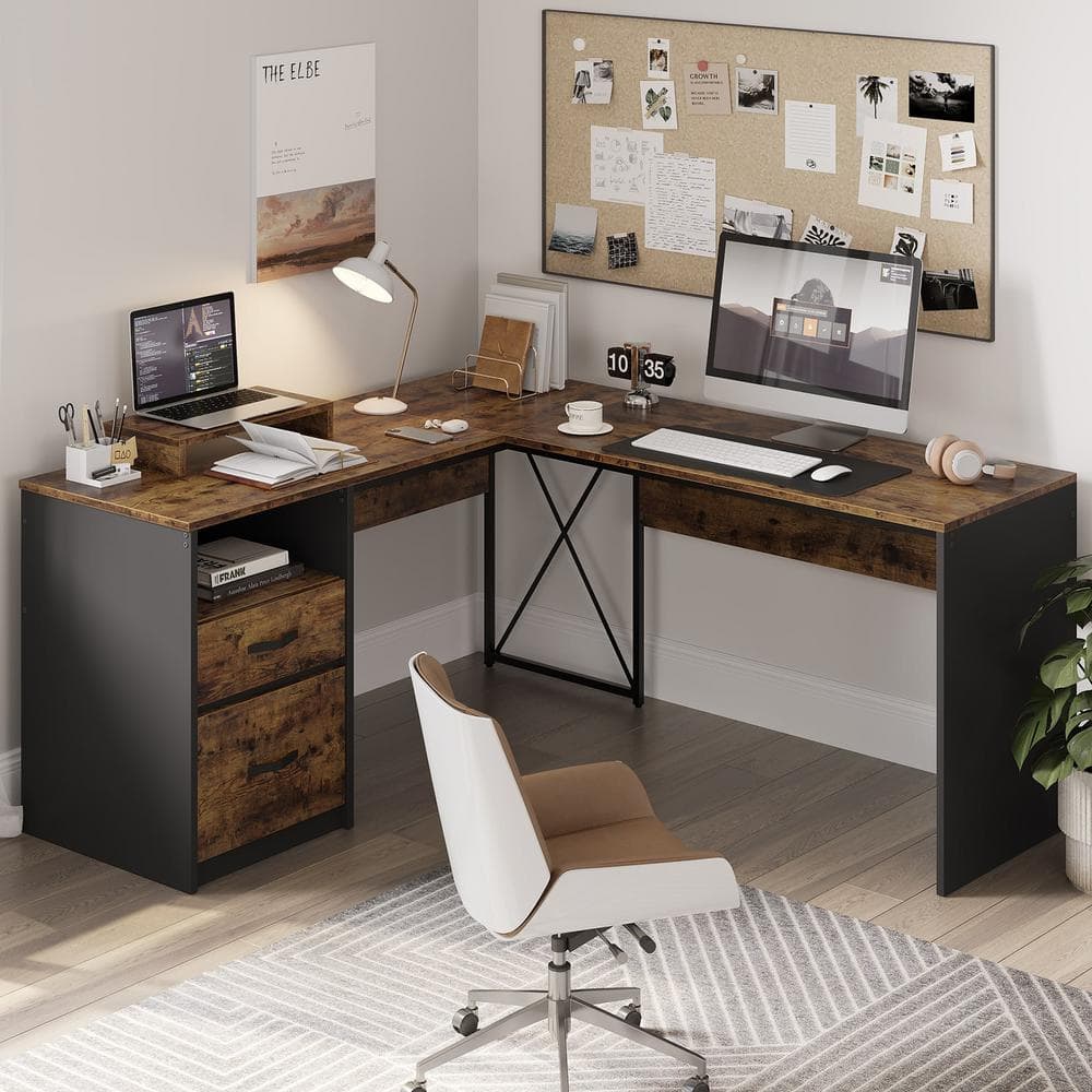 Bestier 56 W L Shaped Computer Desk with Reversible Storage Drawers and Monitor Stand Rustic Brown