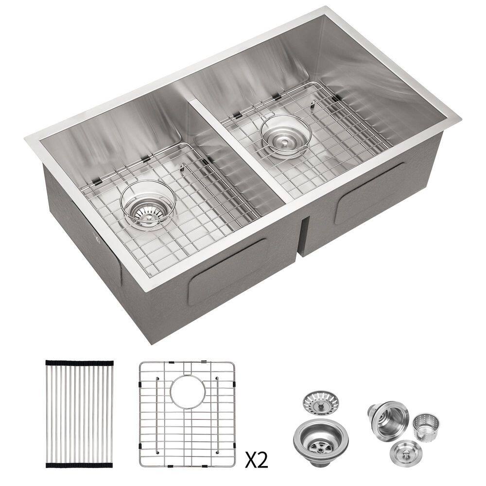 Qidian 28 in. Undermount Double Bowl(50/50) 16-Gauge Brushed Nickel ...