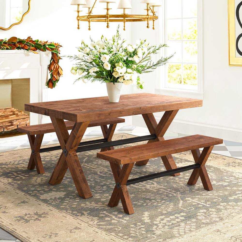 LUE BONA 3-Piece 59 in. L Rectangular Light Brown Solid Wood Dining ...