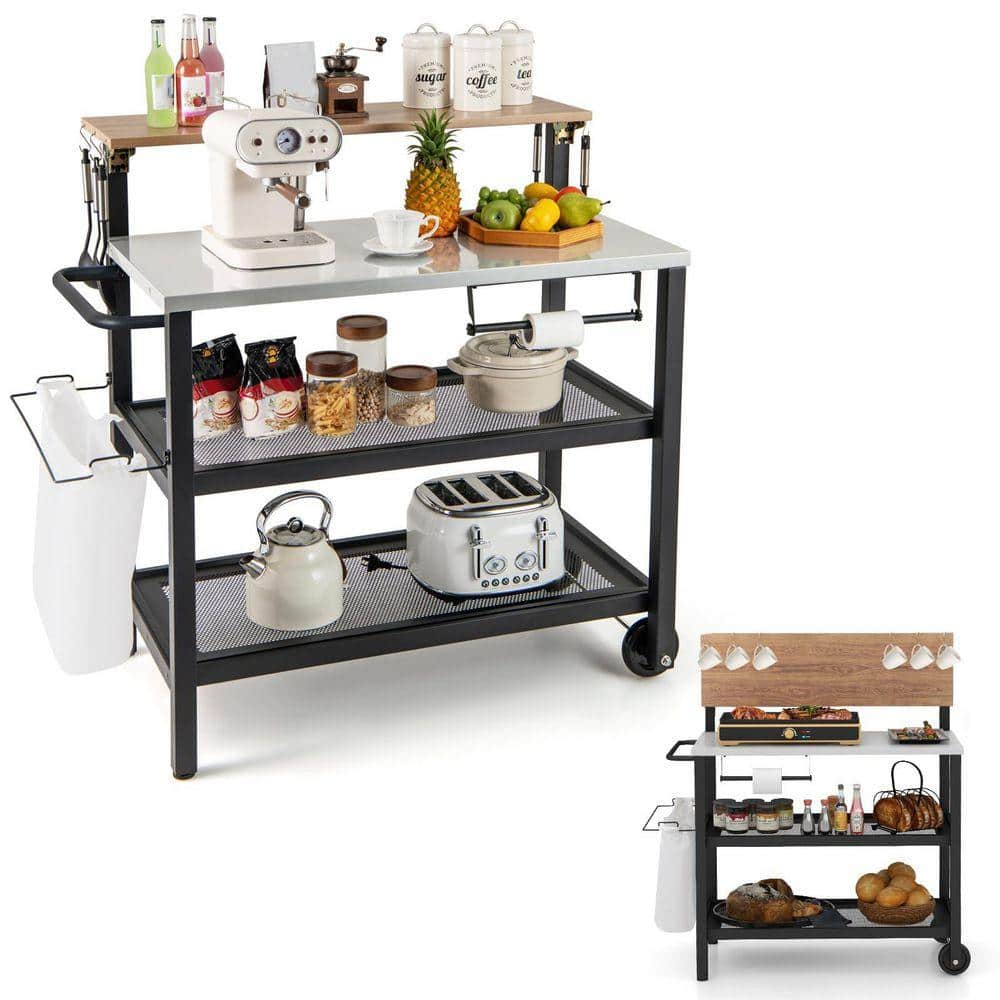 Volenca Black Rolling Bar Cart Kitchen Cart with Flip-up Table and ...
