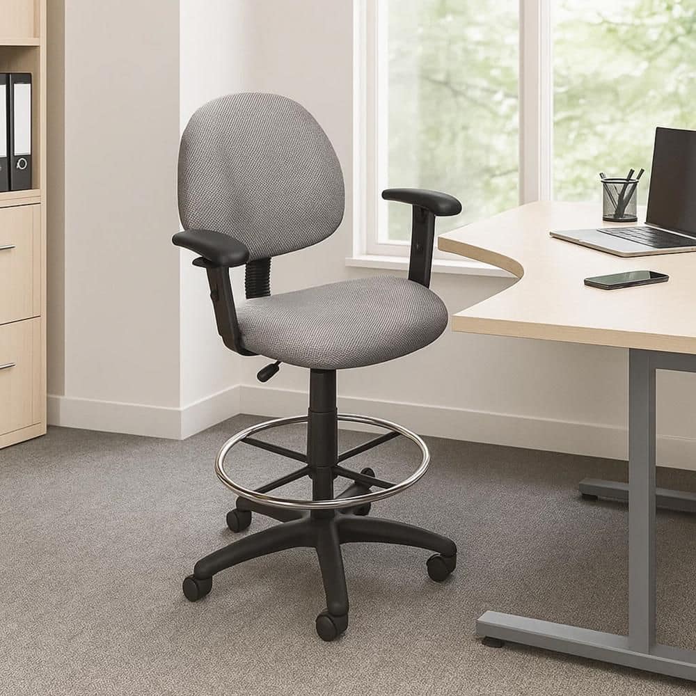 Benjara Jea Nylon Footring Ergonomic Fabric Office Stool in Gray, Black and Chrome with ...