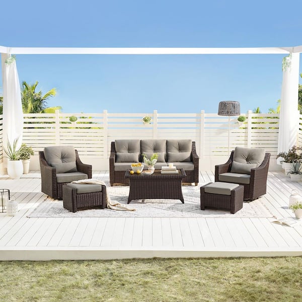 Spruce & Spring Thaddeus 6 Pieces Chestnut/Gray Fabric Wicker Living ...