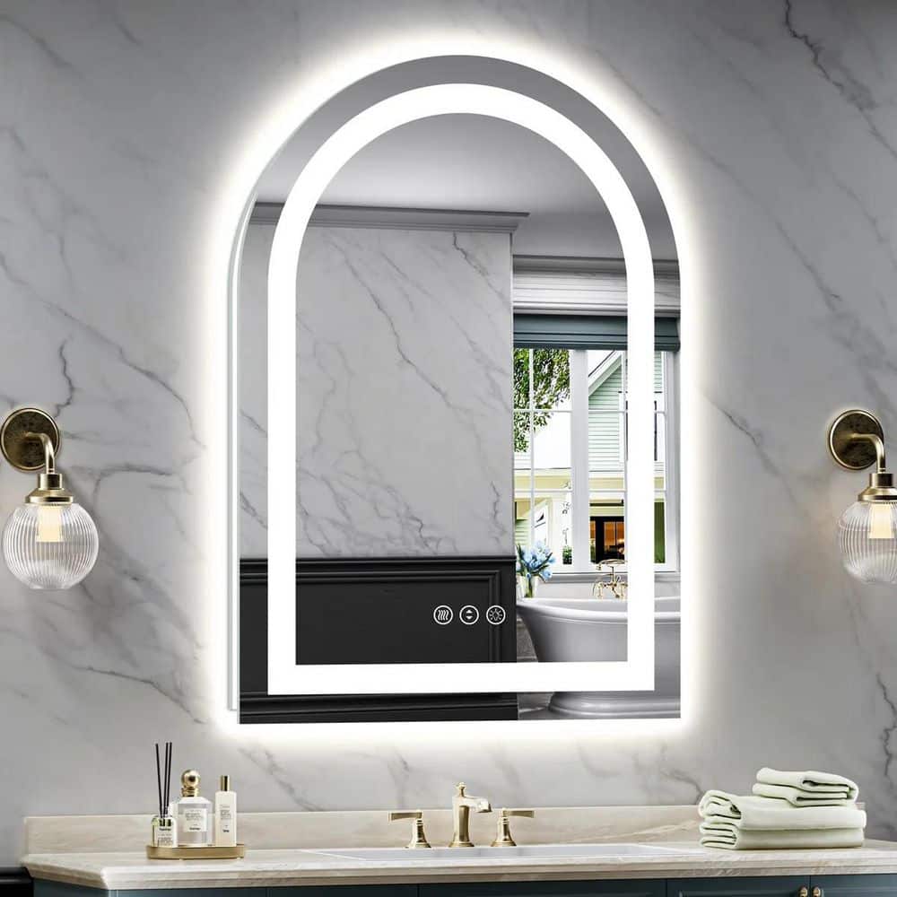 KIOTEE 26 in. W x 38 in. H Arched Frameless Front and Back Lighted Anti ...