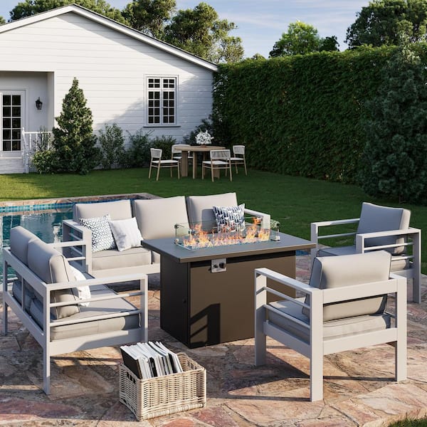 Poteban 5-Piece Aluminum Patio Fire Pit Conversation Set with Light ...