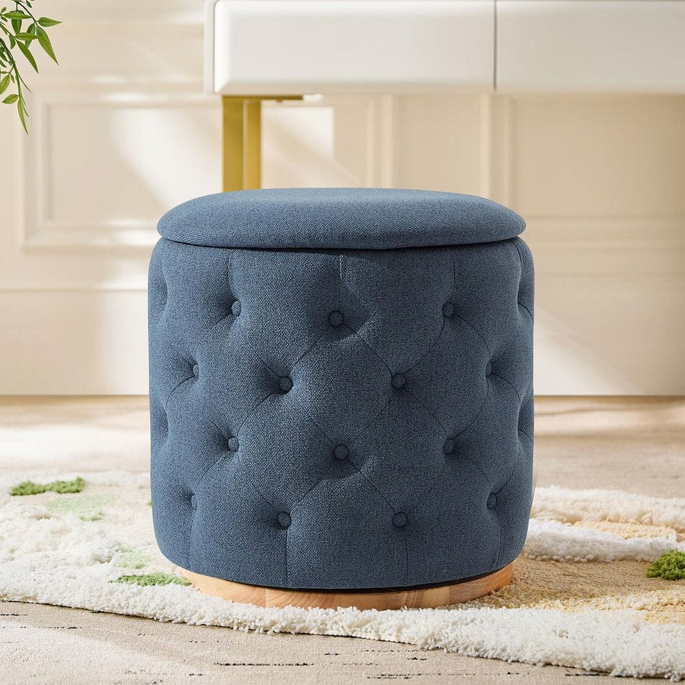 JAYDEN CREATION Tiffany Navy Polyester Round Ottoman with 360° Swivel ...