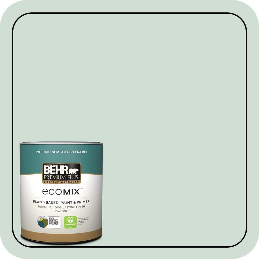BEHR PREMIUM PLUS 1 qt. #ECC-65-1 Aruba Aqua Semi-Gloss Enamel EcoMix Plant-Based Interior Paint ...