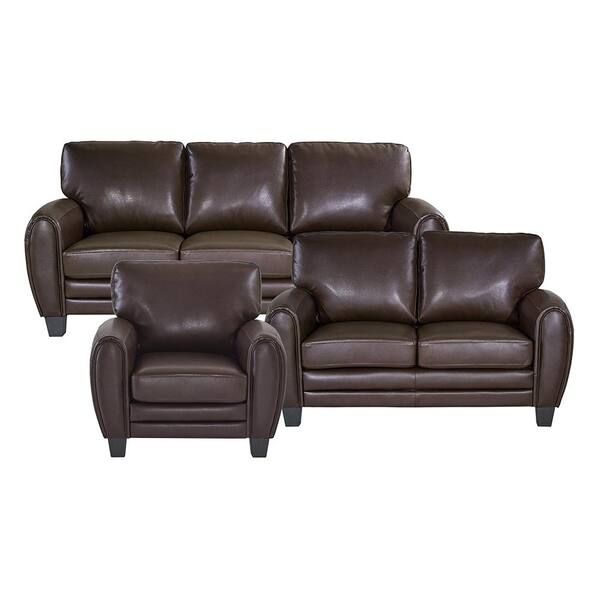 Viggo 85 in. W Round Arm Faux Leather Rectangle 3-Piece Living Room ...