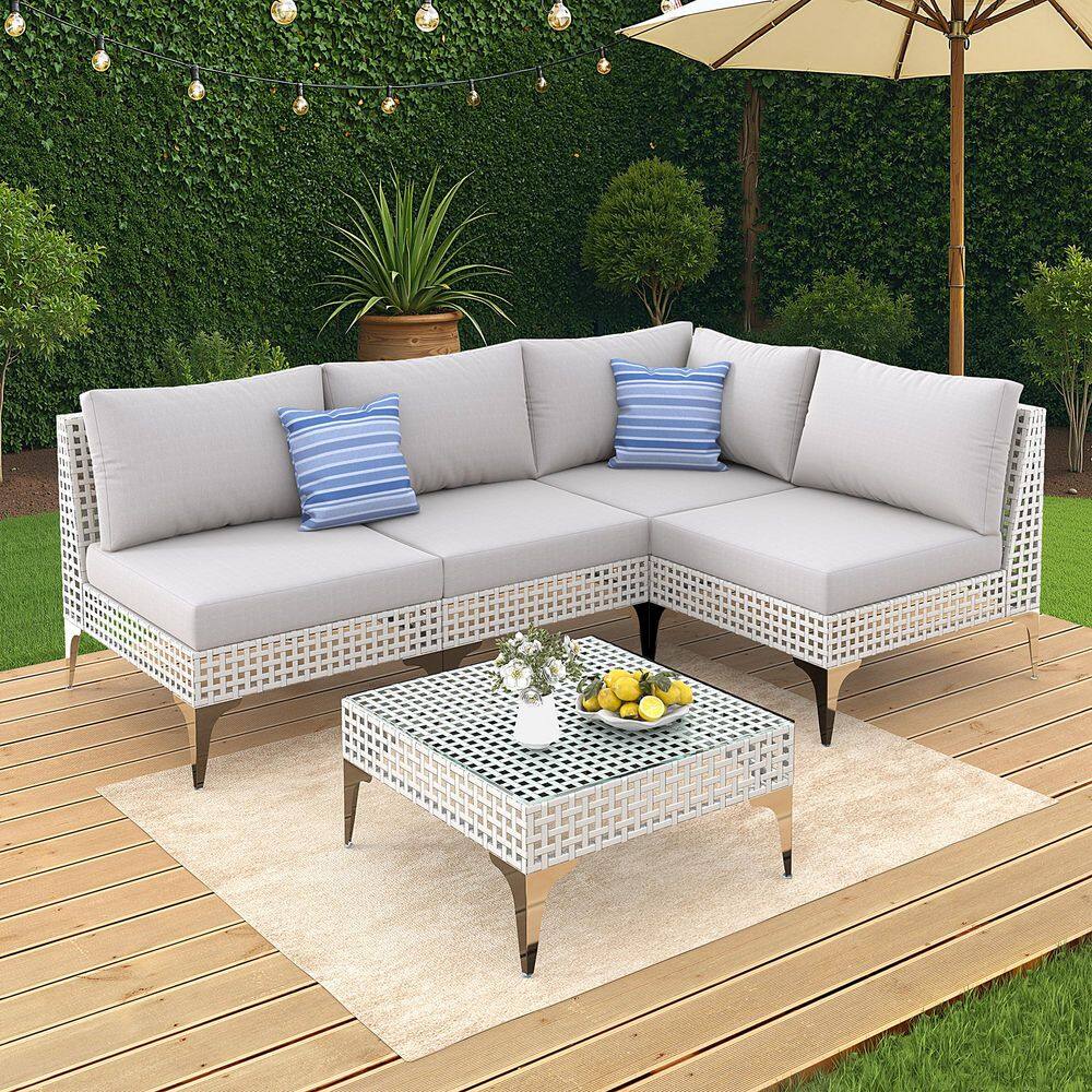 FINCATI Modular 5-Piece Wicker Outdoor Serving Bar Set with Cushion ...