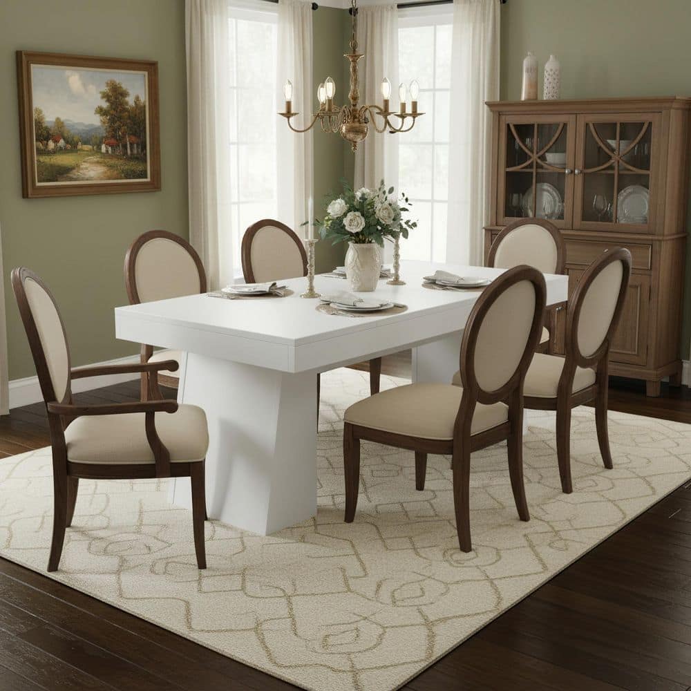 BYBLIGHT Farmhouse White Wood 55.1 in. Pedestal Dining Table Seats 4 ...