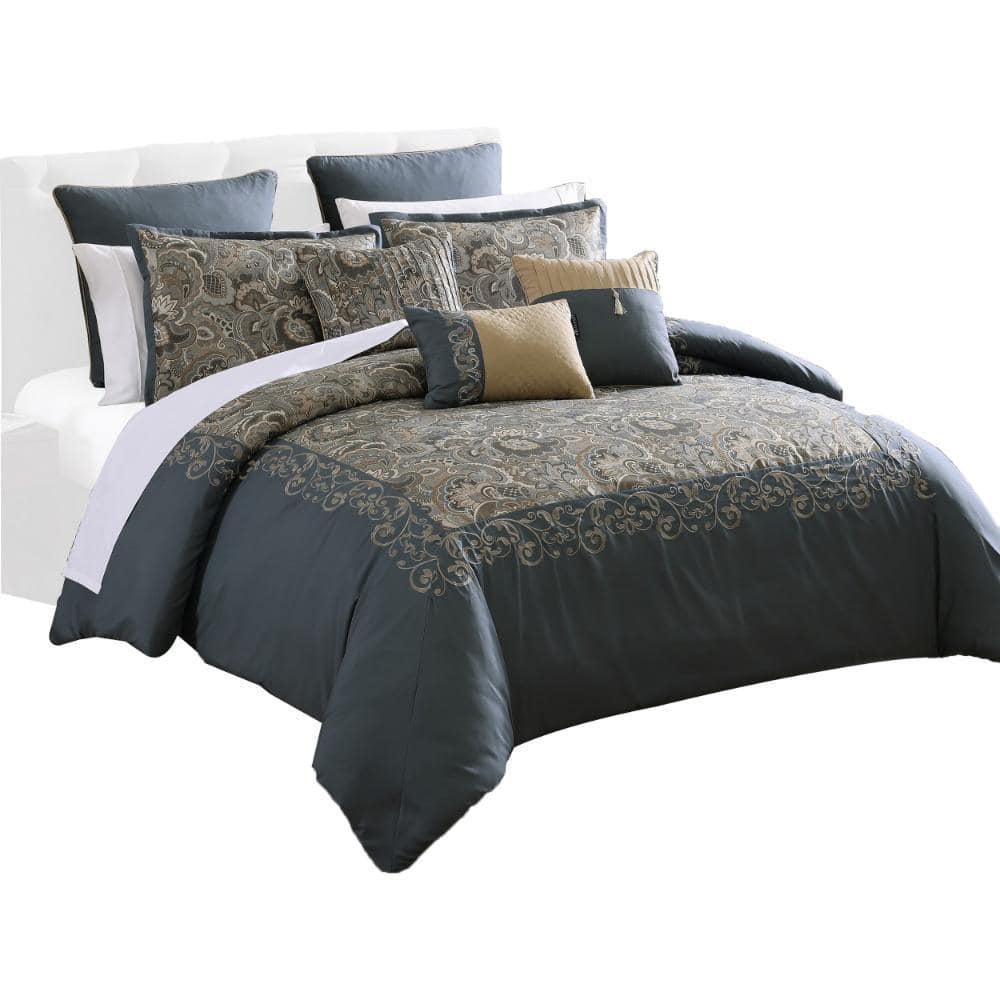 Benjara Zoe 10- Piece Blue and Gold Solid Print Polyester King ...