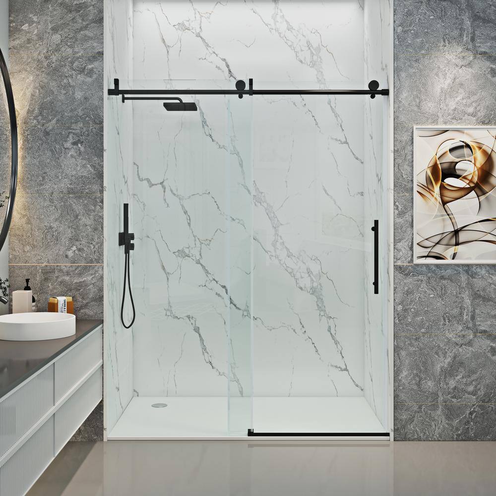 MCOCOD 60 in. W x 76 in. H Single Sliding Frameless Soft Close Shower Door in Matte Black with 3 ...