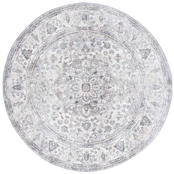 SAFAVIEH Opal 7 ft. x 7 ft. Gray/Ivory Distressed Floral Border Round ...