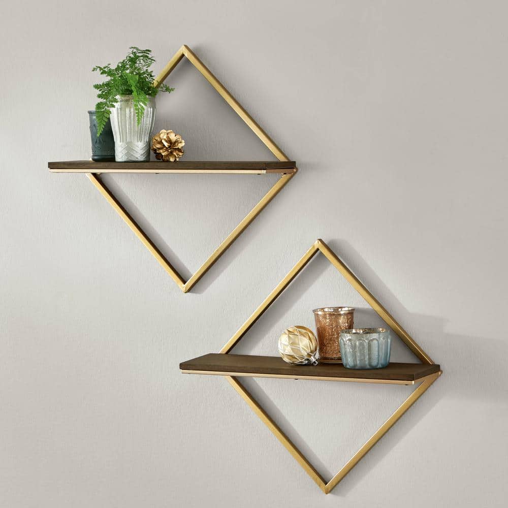 StyleWell 15 in. H x 15 in. W x 4 in. D Wood and Gold Metal Wall-Mount ...