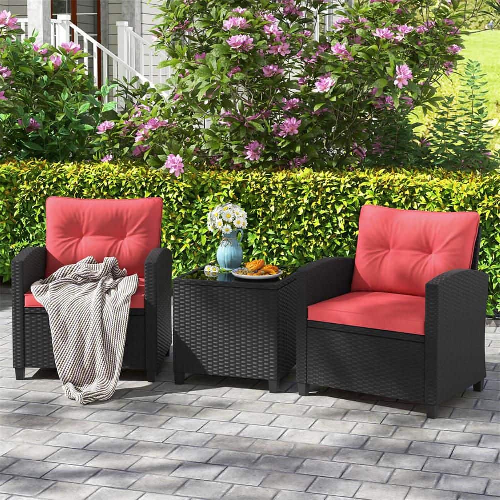 Costway 3-Piece Wicker Patio Conversation Set with Tempered Glass ...
