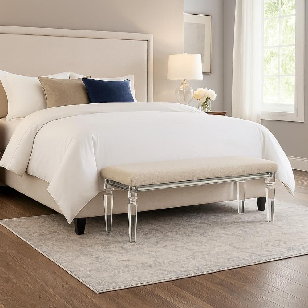 Benjara Rara 18 in. W Beige and Clear Wood Bench with Fabric Seat ...