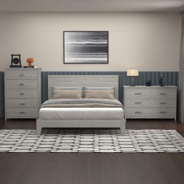GALANO Layton 3-Piece Dusty Gray Oak Queen Wood Bedroom Set with Chest ...