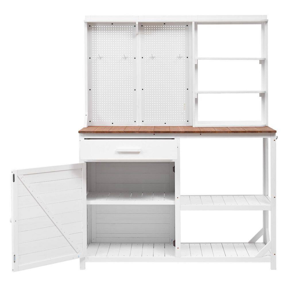 50.2 in. W x 65.7 in. H White Wood Potting Bench with Shelves and ...