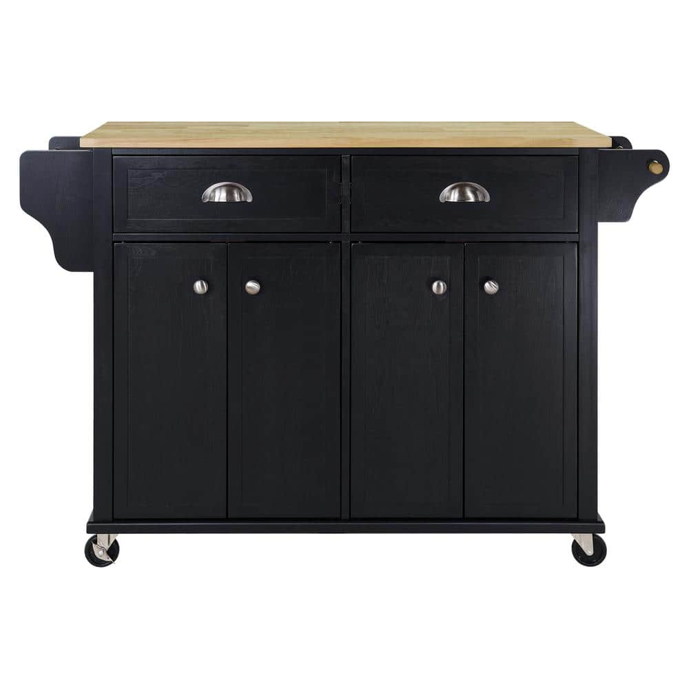 FUNKOL Black Cambridge Natural Wood Top 32 in. Kitchen Island with ...