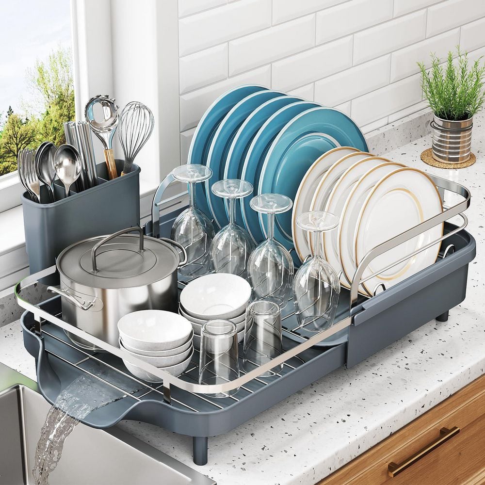 Gray Expandable Kitchen Counter Dish Rack, Stainless Steel Dish Drainer ...