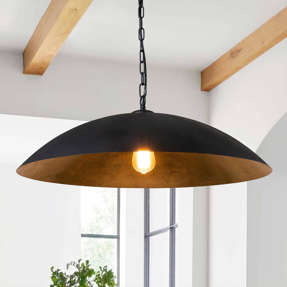 Y'INSP Brava 27.5 in. 1-Light Black Flat Dome and Dark Gold Foil Metal ...