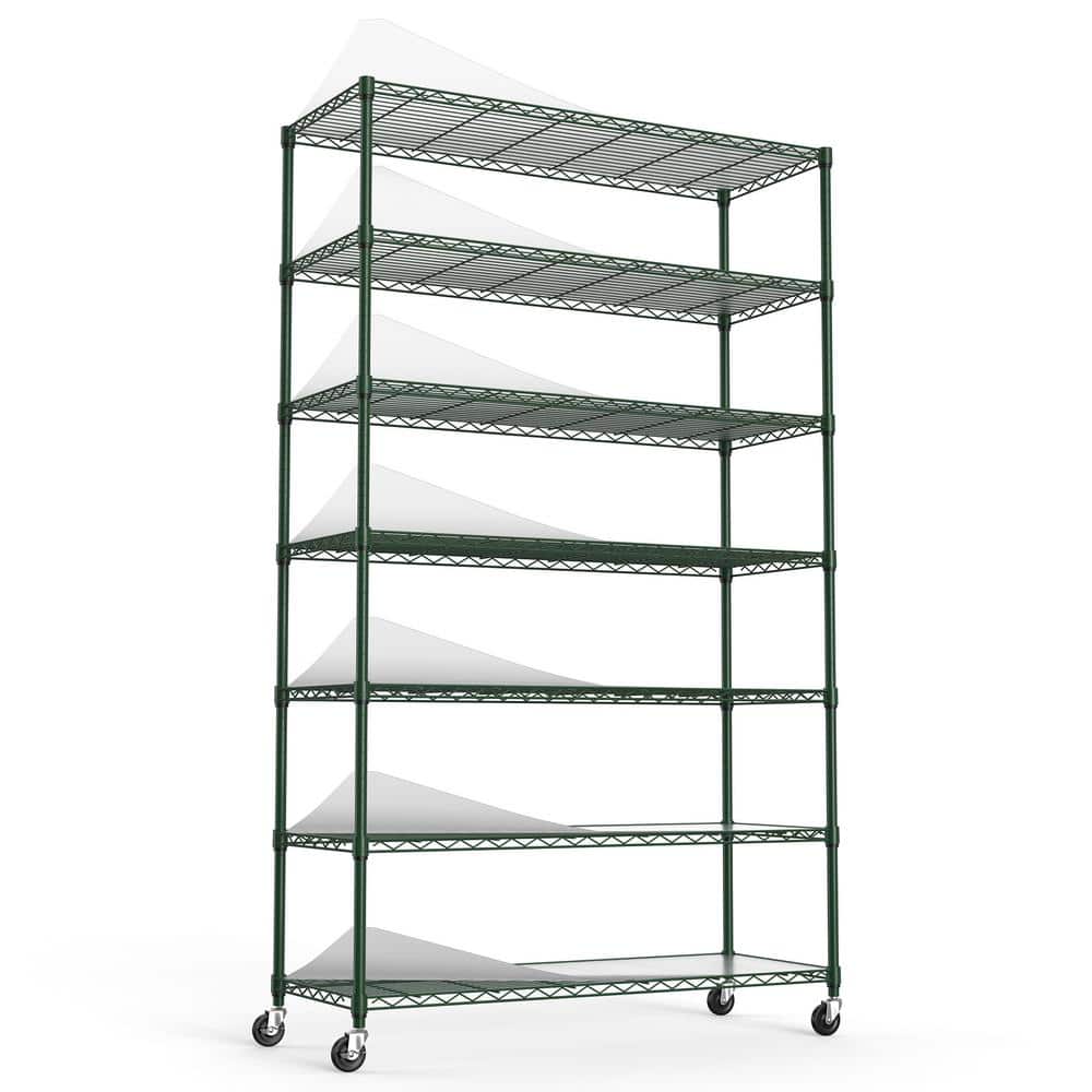 FUNKOL 7-Tier Green Wire Shelving Unit with Wheels, Holds 2450 Lbs ...