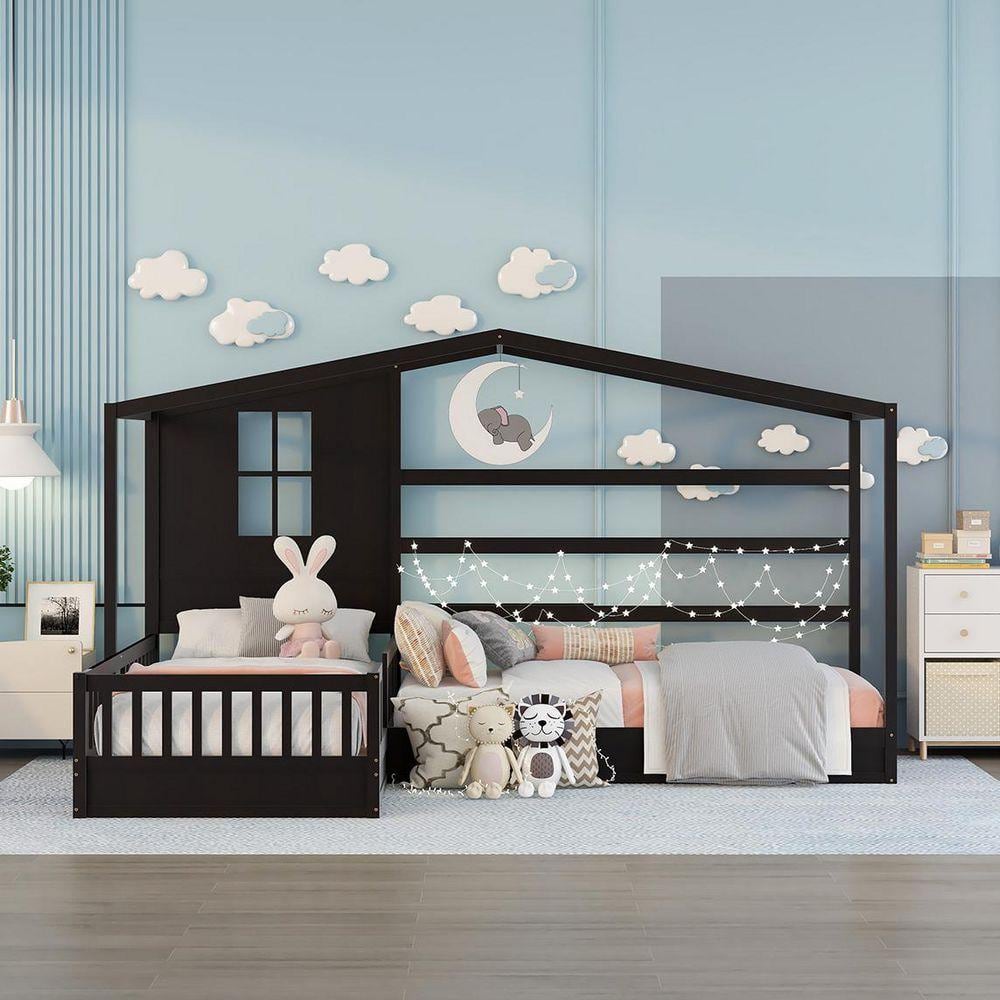 URTR Espresso Twin Size L-Shaped Wood House Bed for Kids, 2 Twin Solid ...