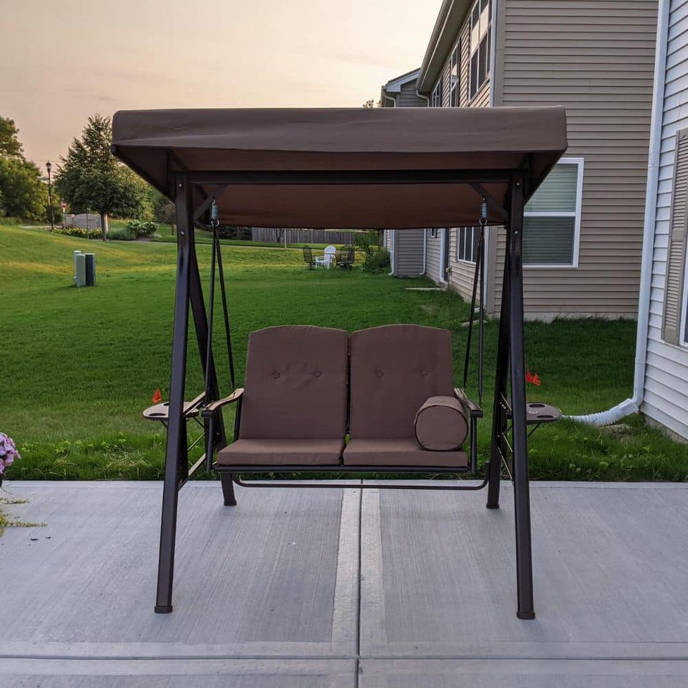 PURPLE LEAF 2-Person Steel Metal Patio Swing with Canopy and Cushions ...