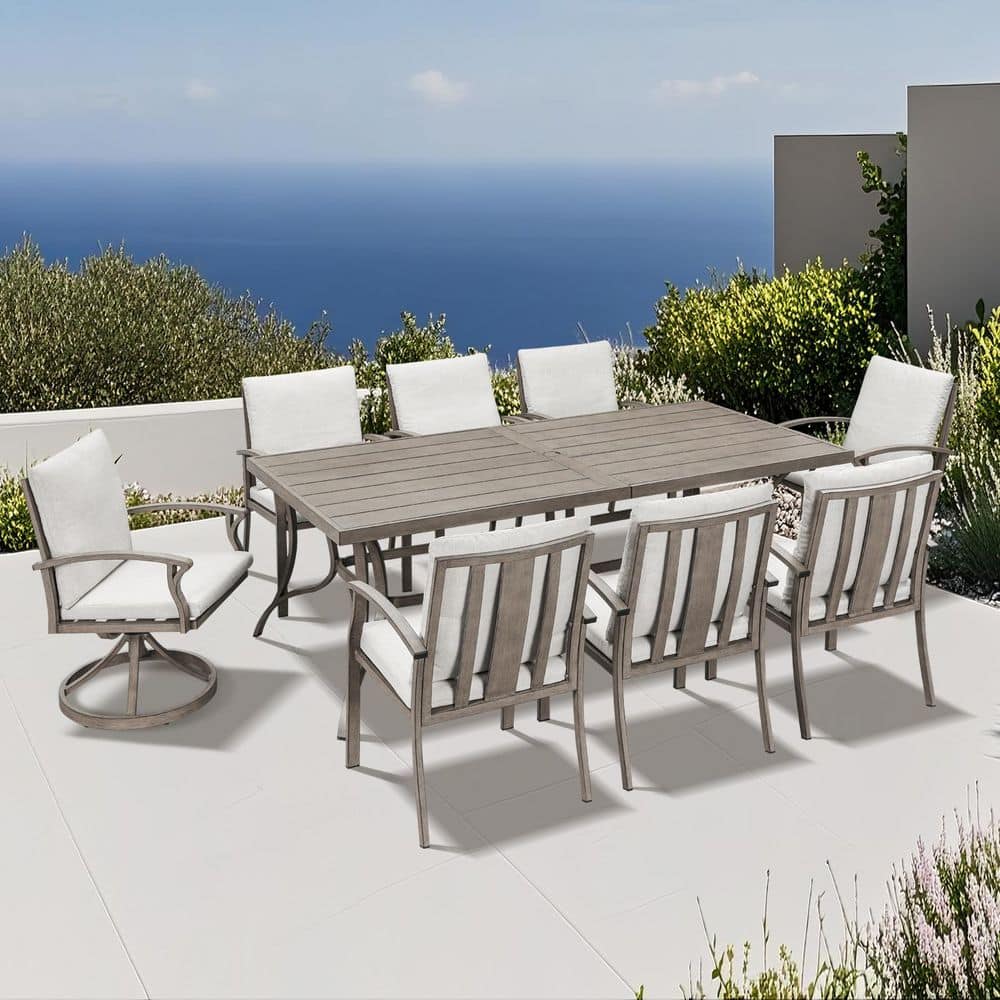 RUIZI AluLux 9-Piece White Oak Aluminum Outdoor Dining Set with 2-Swivel Dining Chairs ...