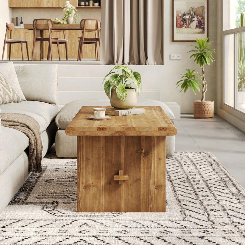 BYBLIGHT Allan 47.24 in. Brown Rectangle Solid Wood Coffee Table with ...