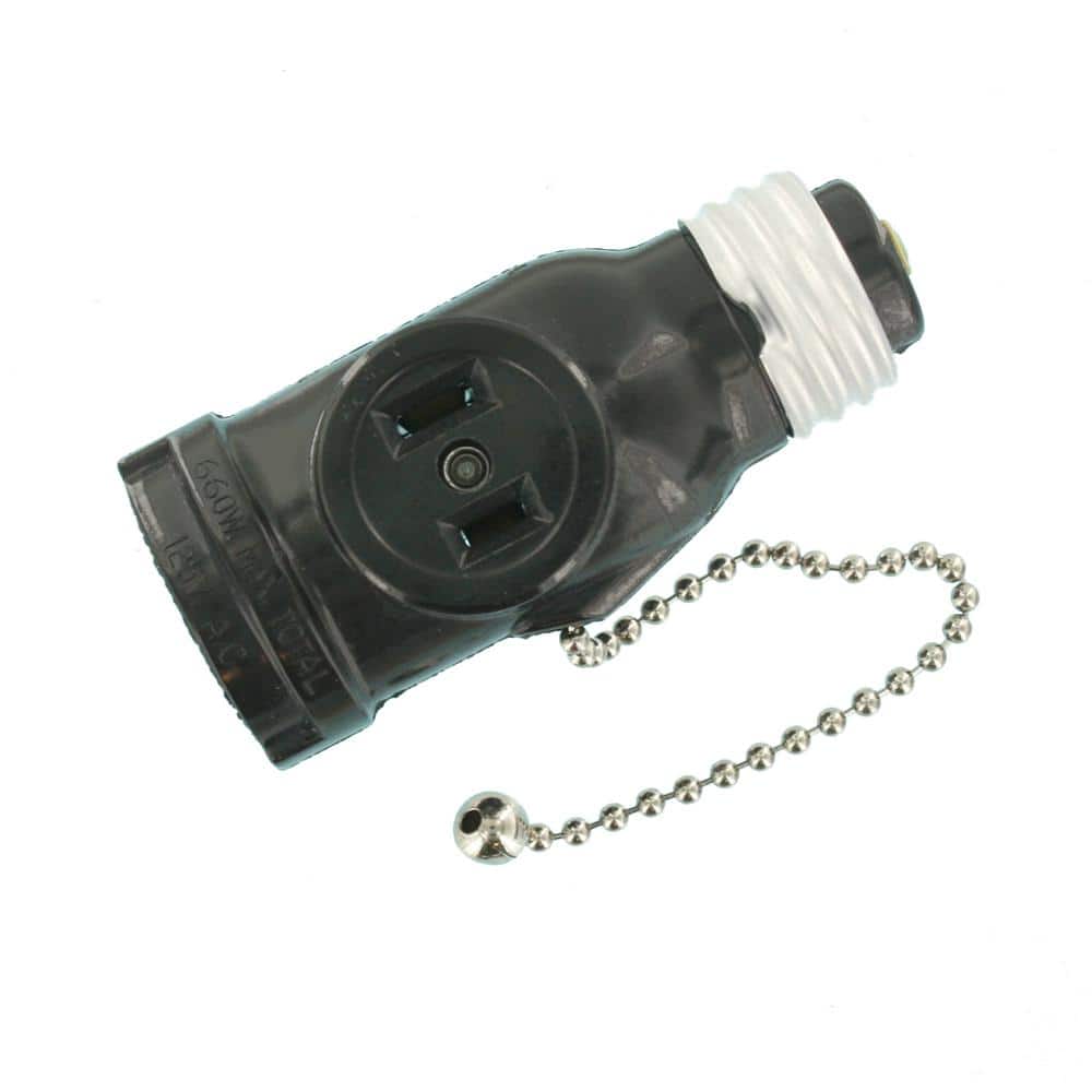 Leviton 2-Outlet 660-Watt 15 Amp Socket Adapter with Pullchain, Black ...