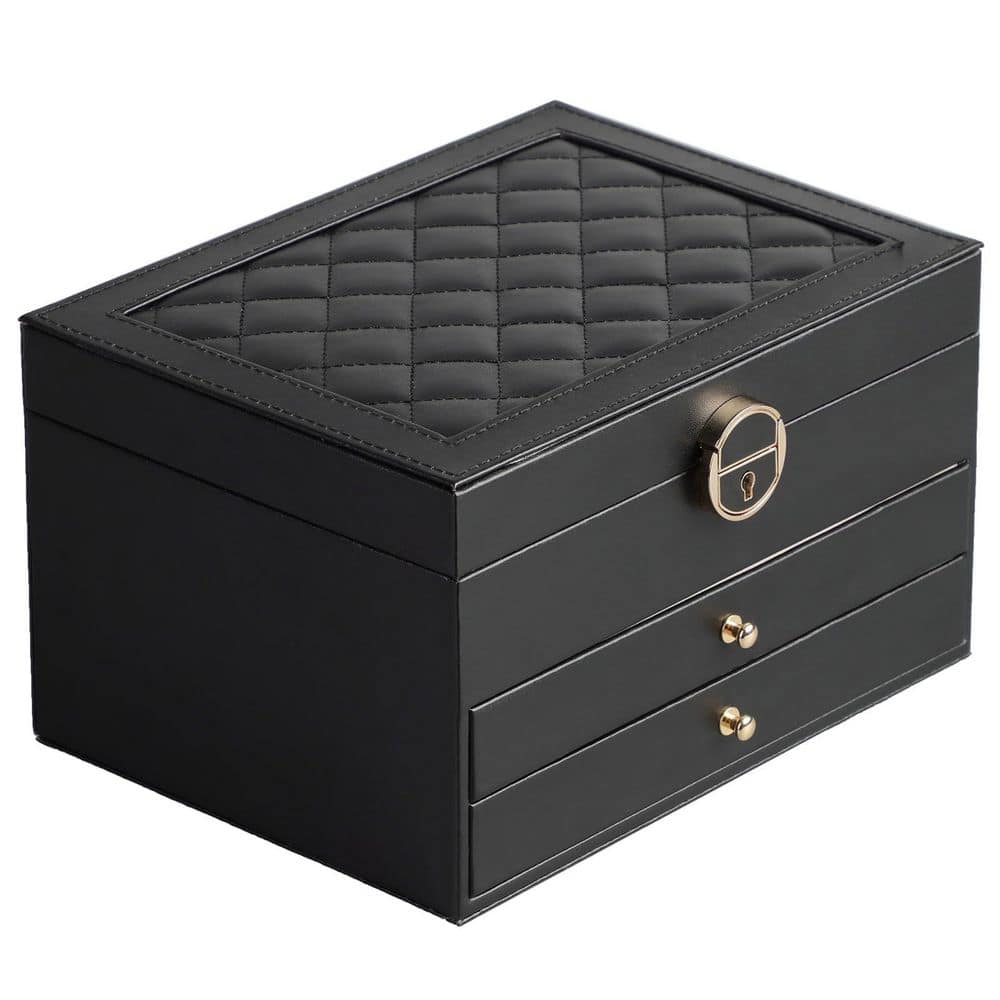 Black Rectangular 3 Layers Faux Leather Jewelry Box with 2-Drawers ...