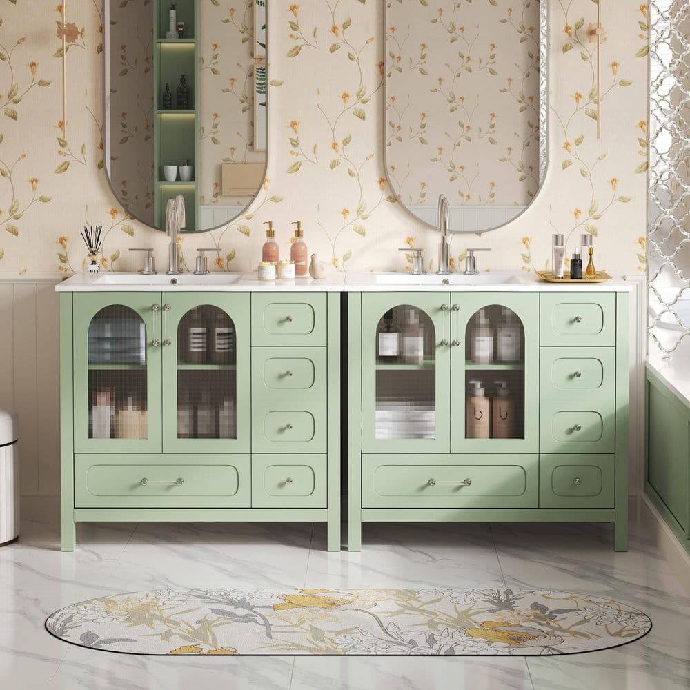 Afhocomp 72in. Freestanding Double Sink Green Bath Vanity with White ...