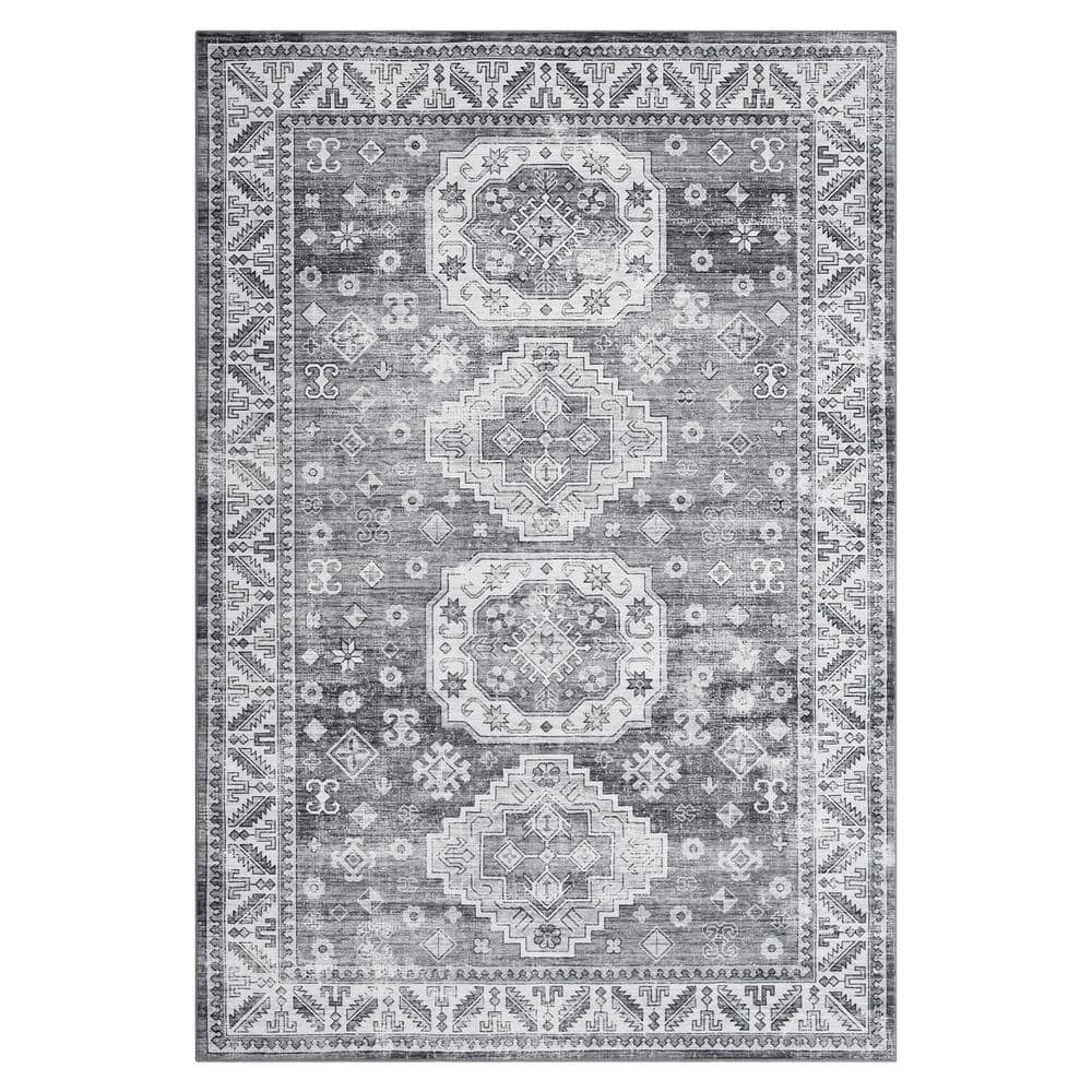 Garvee Grey 8 ft. x 10 ft. Vintage Geometric Tribal Machine Washable ...