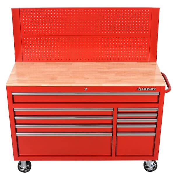 Husky 52 in. W 10-Drawer Gloss Red Mobile Workbench Cabinet with Solid ...