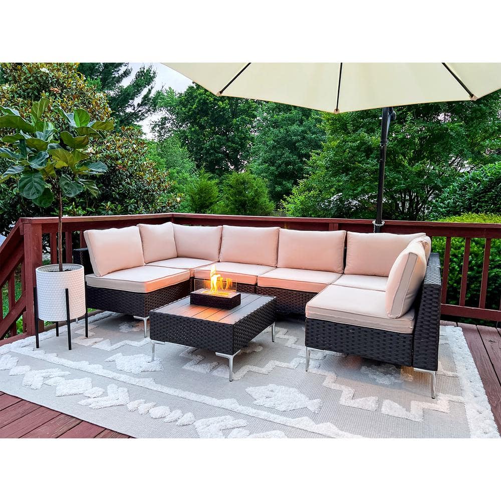 Cesicia 7-Pieces Wicker Outdoor Sectional Sofa Patio Lawn Conversation ...