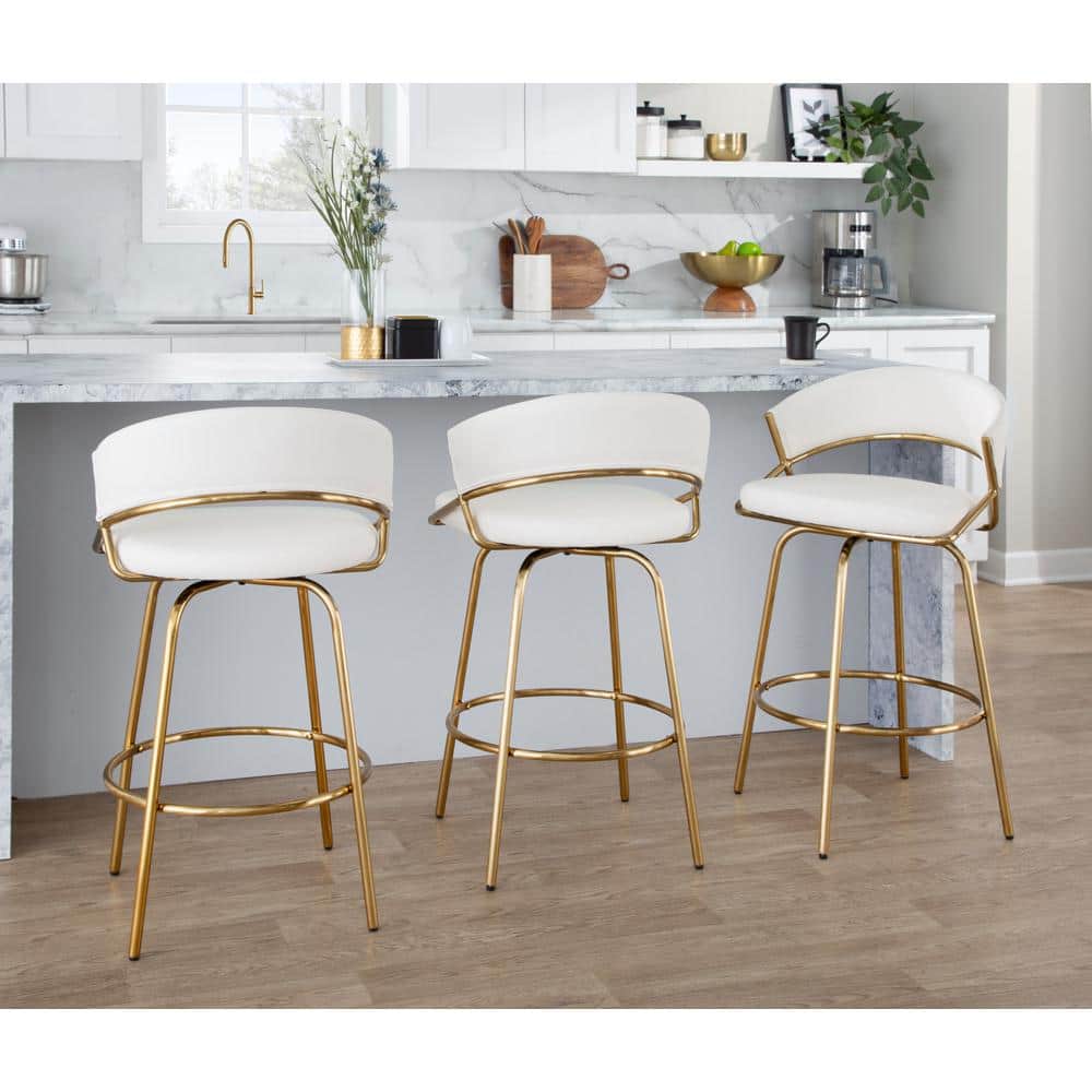 Lumisource Jie 25.75 in. White Faux Leather and Gold Metal Fixed-Height ...