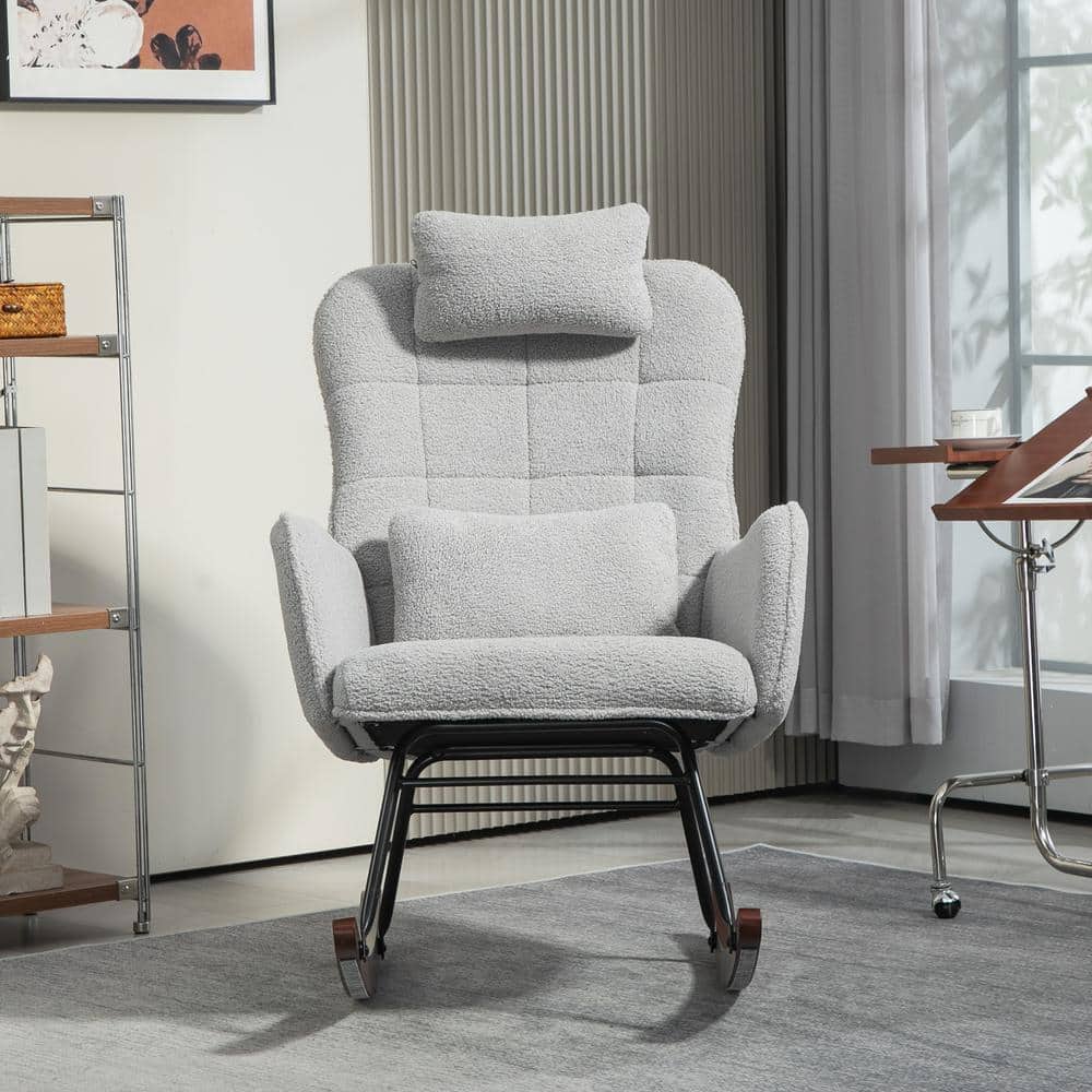HOMCOM Upholstered Rocking Chair with Headrest and Lumbar Pillow, High ...