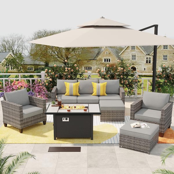 XIZZI Milan Gray 6-Piece Wicker Outdoor Patio Rectangular Fire Pit ...